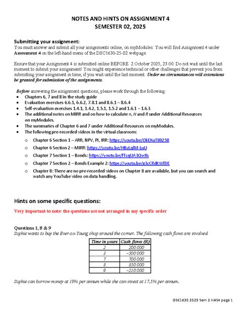Notes And Hints For Assignment 4 Dsc1630 Semester 2 2025 Studocu