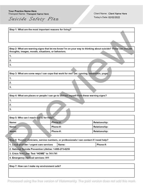 Suicide Safety Plan Template Editable Fillable Printable Pdf