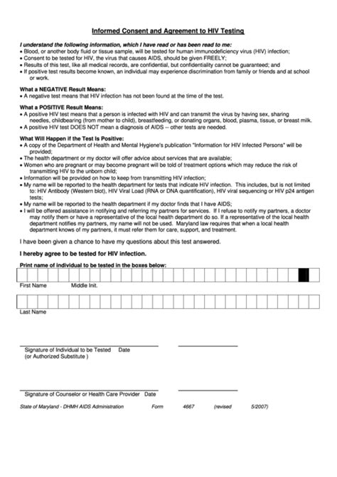 Informed Consent And Agreement To Hiv Testing Printable Pdf Download