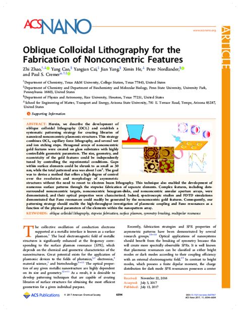 Pdf Oblique Colloidal Lithography For The Fabrication Of Nonconcentric Features