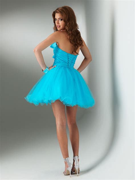Turquoise A Line Strapless Lace Up Short Mini Pleated Tulle Homecoming