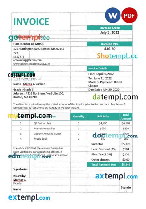 Music School Invoice Fake Template In Word And Pdf Format
