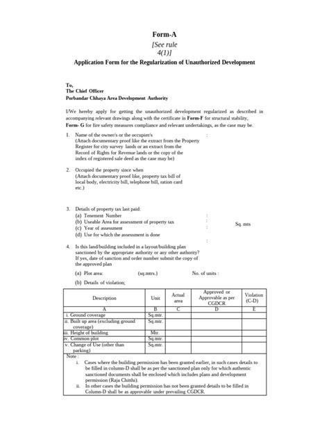Form A Application Form For The Regularisation Of Unauthorised