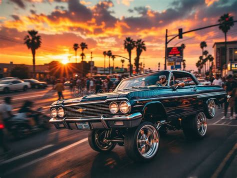 A Custom Car Cruises Down A Vibrant Street At Sunset Classic Design