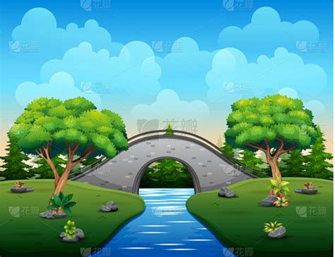 河流石头桥卡通在上面环境现代草自然美春天