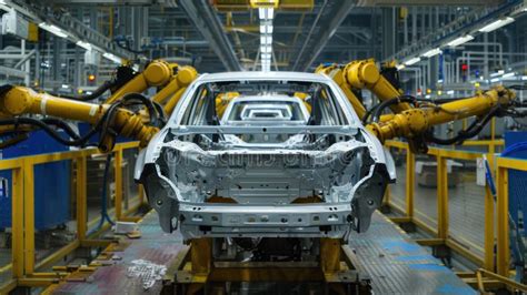 A Car Assembly Line In A Factory With Robots And Workers Building Stock