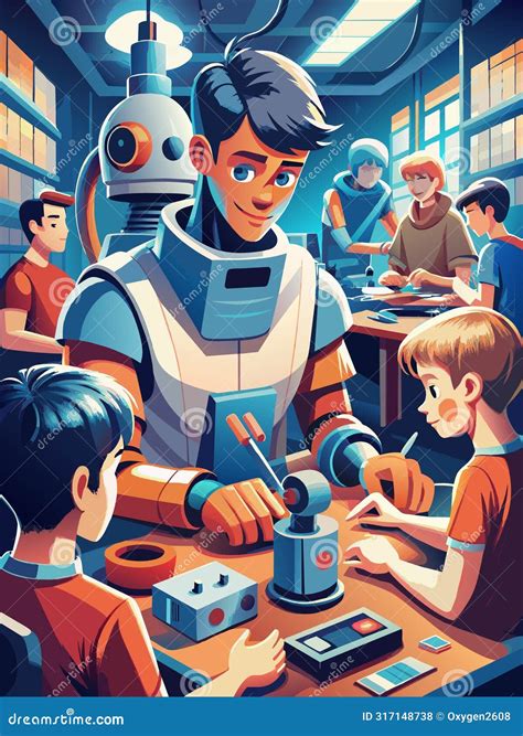 Futuristic Classroom With Robotics Instructor And Engaged Students