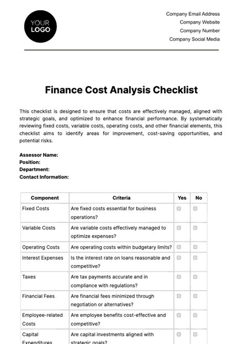 Free Finance Cost Analysis Checklist Template To Edit Online