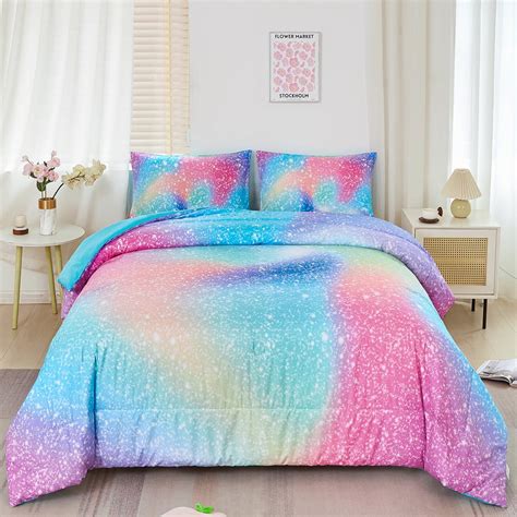 Urbonur 3pcs Rainbow Pink Teal Queen Size Bedding Set For Girls