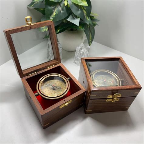 Personalized Brass Gimbal Compass With Wooden Box 3 Inch Nautical