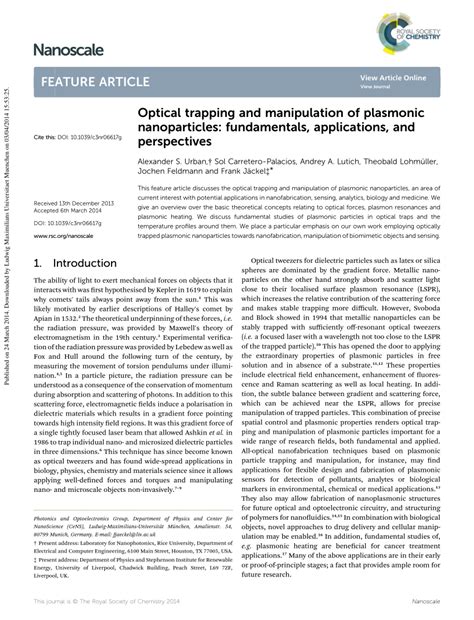 Pdf Optical Trapping And Manipulation Of Plasmonic Nanoparticles