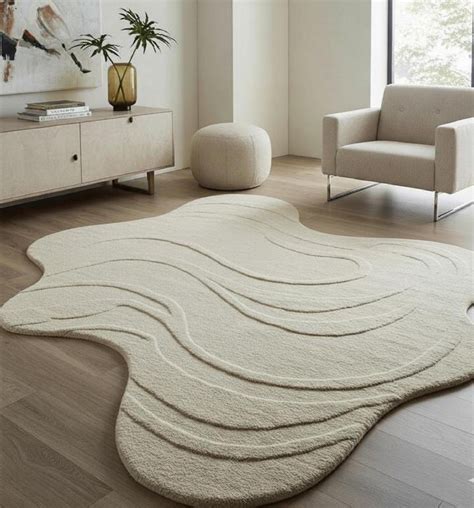 Hand Tufted Cream Wool Rug Wavy Sculpted Texture Modern Abstract