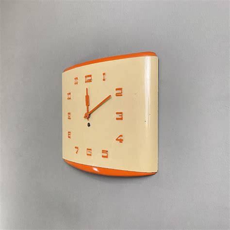 Italian Mid Century Modern Orange And Beige Rectangular Wall Clock