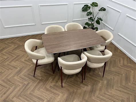 Qandp Furniture Zino Dining Set Sintered Stone Wooden Effect Tabletop