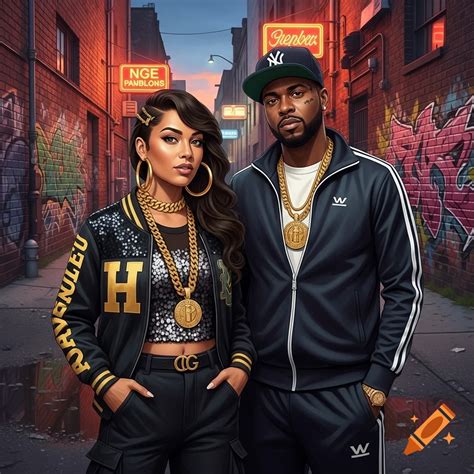 A Man And A Woman In Ghetto Fab Attire Featuring Gold Chains And