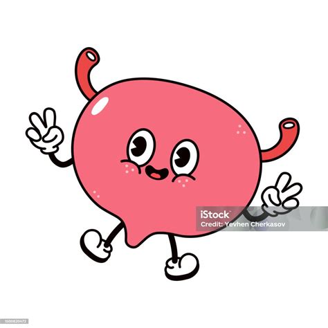 Jumping Bladder Character Vector Hand Drawn Traditional Cartoon Vintage Retro Kawaii Character