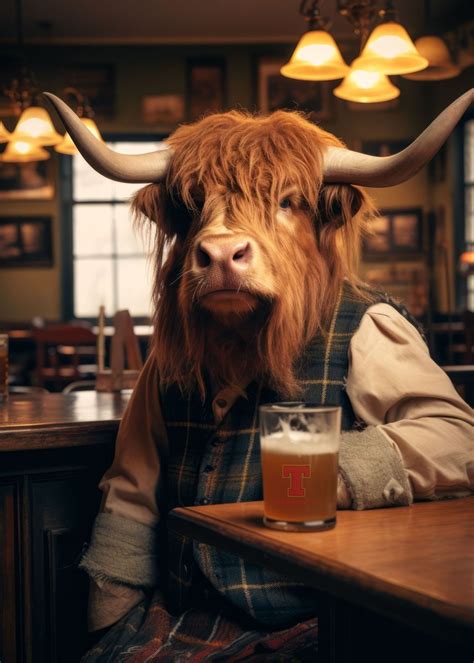Highland Cow Drinking Beer Poster Picture Metal Print Paint By