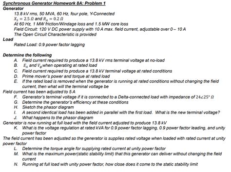Solved Synchronous Generator Homework A Problem Chegg
