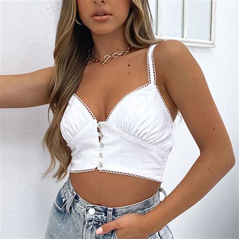 Sexy White Spaghetti Straps V Neck Button Camisoles Embroidered Lace