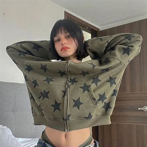 Y2k Star Collage Print Full Zip Up Hoodie