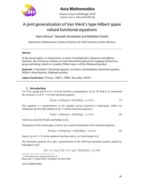Pdf A Joint Generalization Of Van Vlecks Type Hilbert Space Valued Functional Equations