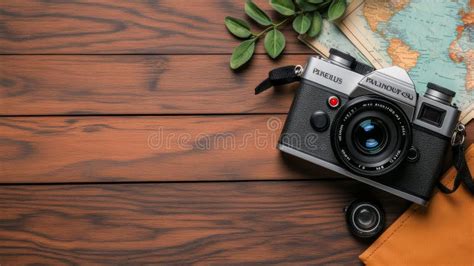Vintage Camera On Wooden Table With World Map Travel Photography