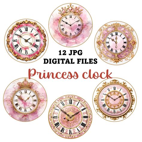 12  Pink Princess Clock Faces 3 2 Inch Circles Digital Collage Sheet Instant Download