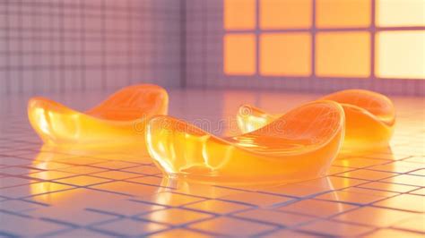 Glowing Orange Abstract Glass Objects On Reflective Surface Stock