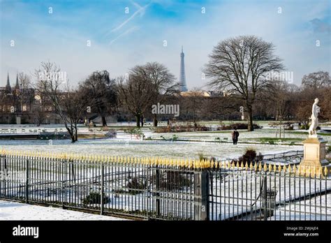 Paris France Landscape Of Tuileries Gardens With Eiffel Tower In