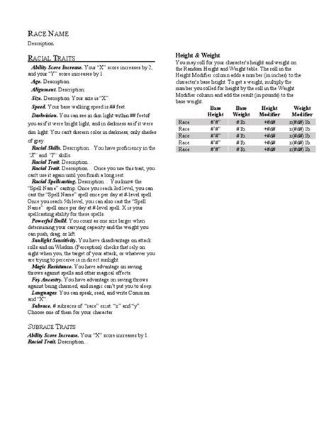 Hombrew Race Template Pdf Gaming Role Playing Games