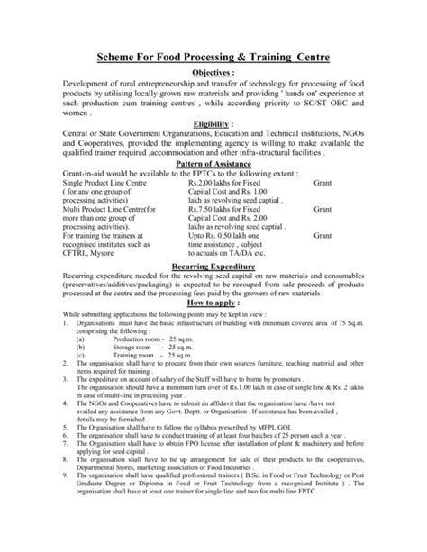 Food Processing Training Center Scheme India