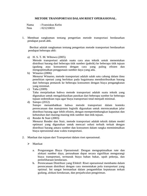 Metode Transportasi Dalam Riset Operasional Pdf