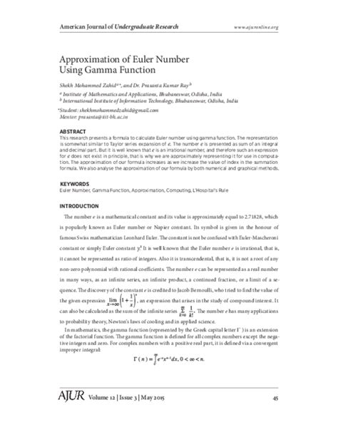 Pdf Approximation Of Euler Number Using Gamma Function