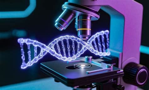 Modern Microscope With Glowing Dna Strand In Lab Setting Stock