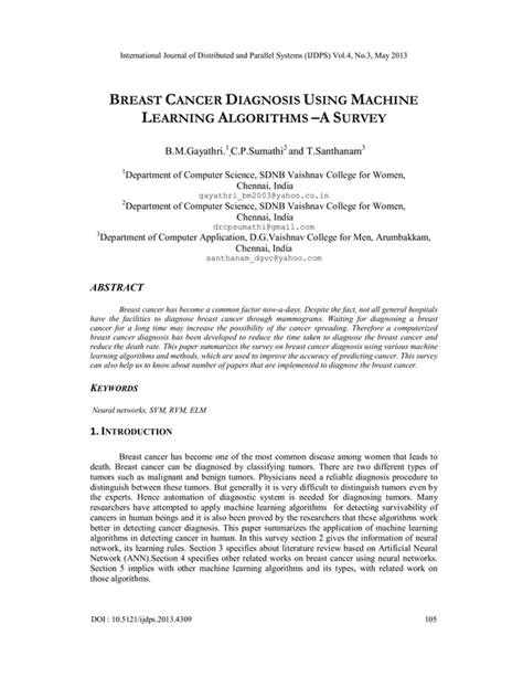 Breast Cancer Diagnosis Using Machine Learning Algorithms A Survey Pdf
