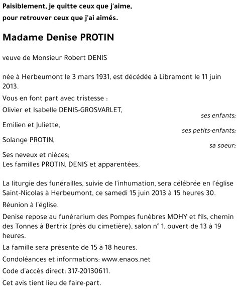 Avis De Décès De Denise Protin Décédé Le 11062013 à Libramont