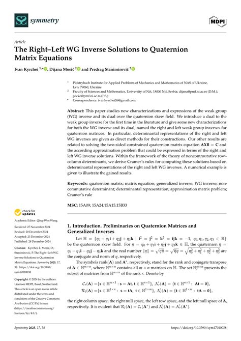 Pdf The Rightleft Wg Inverse Solutions To Quaternion Matrix Equations