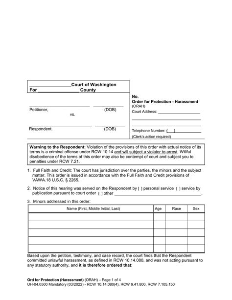 Form Uh 040500 Download Printable Pdf Or Fill Online Order For Protection Harassment