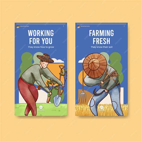 Premium Vector Instagram Template With Asian Farmer Conceptwatercolor