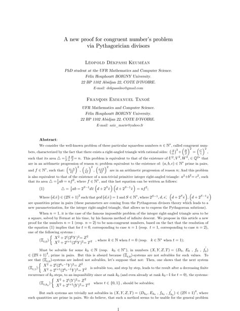 Pdf A New Proof For Congruent Numbers Problem Via Pythagorician Divisors