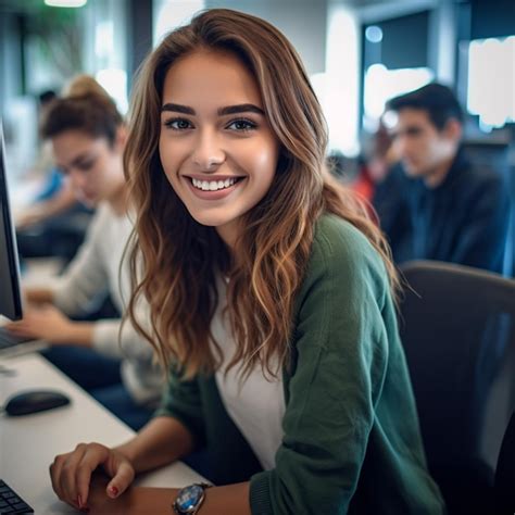 Premium Ai Image A Girl Is Sitting At A Computer With A Smile On Her Face