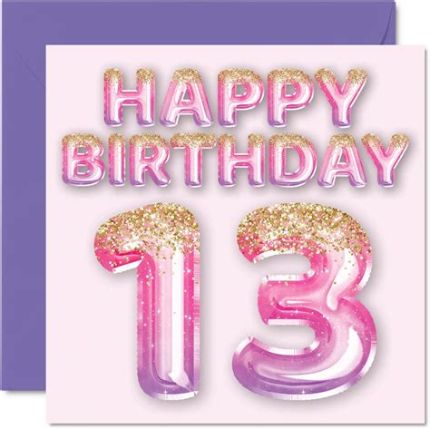 13th Birthday Card For Girls Pink And Purple Glitter Balloons Happy