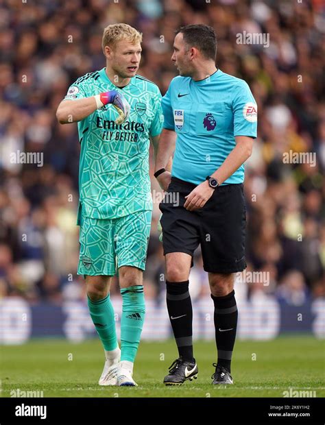 Arsenal Goalkeeper Aaron Ramsdale And Referee Chris Kavanagh During The