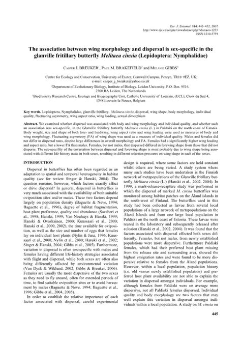 The Association Between Wing Morphology And Dispersal Is Sex Specific