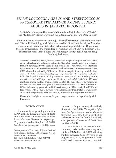 Staphylococcus Aureus And Streptococcus Pneumoniae Prevalence Among
