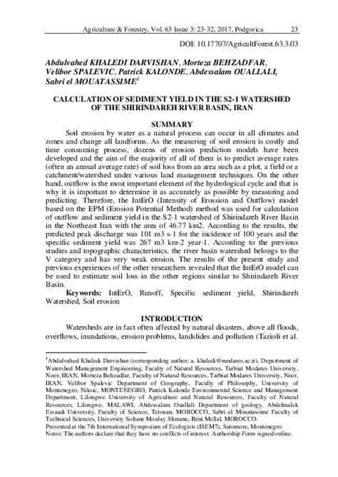 Pdf Calculation Of Sediment Yield In The S2 1 Watershed Of The Shirindareh River Basin Iran