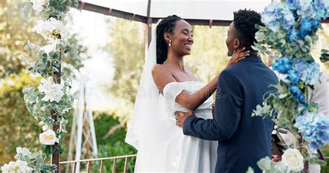 Happy Black Couple Wedding And Kiss For Love Marriage Or Commitment