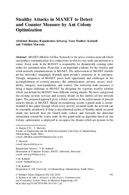 Pdf Stealthy Attacks In Manet To Detect And Counter Measure By Ant Colony Optimization