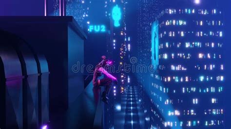 Vj Loop Cyberpunk Scene Assassin Cyborg Girl With Cyber City Scene Looped Stock Video Video