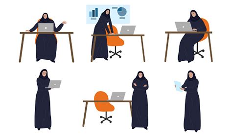 노트북으로 사무실에서 일하는 전통적인 의류에 무슬림 여성의 세트 개념에 대한 스톡 벡터 아트 및 기타 이미지 개념 개체 그룹 다양 Istock